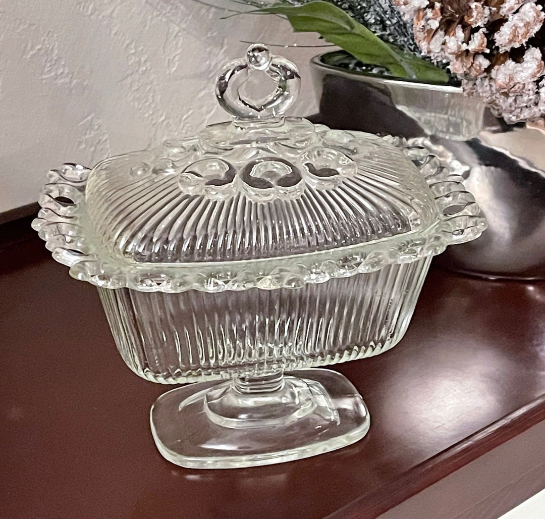 Vintage Mid Century Modern Indiana Glass Compote Candy Dish Clear Lace ...