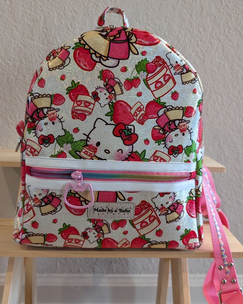 Kitty and Strawberry Themed Mini Backpack - Handmade, Small Back Pack ...