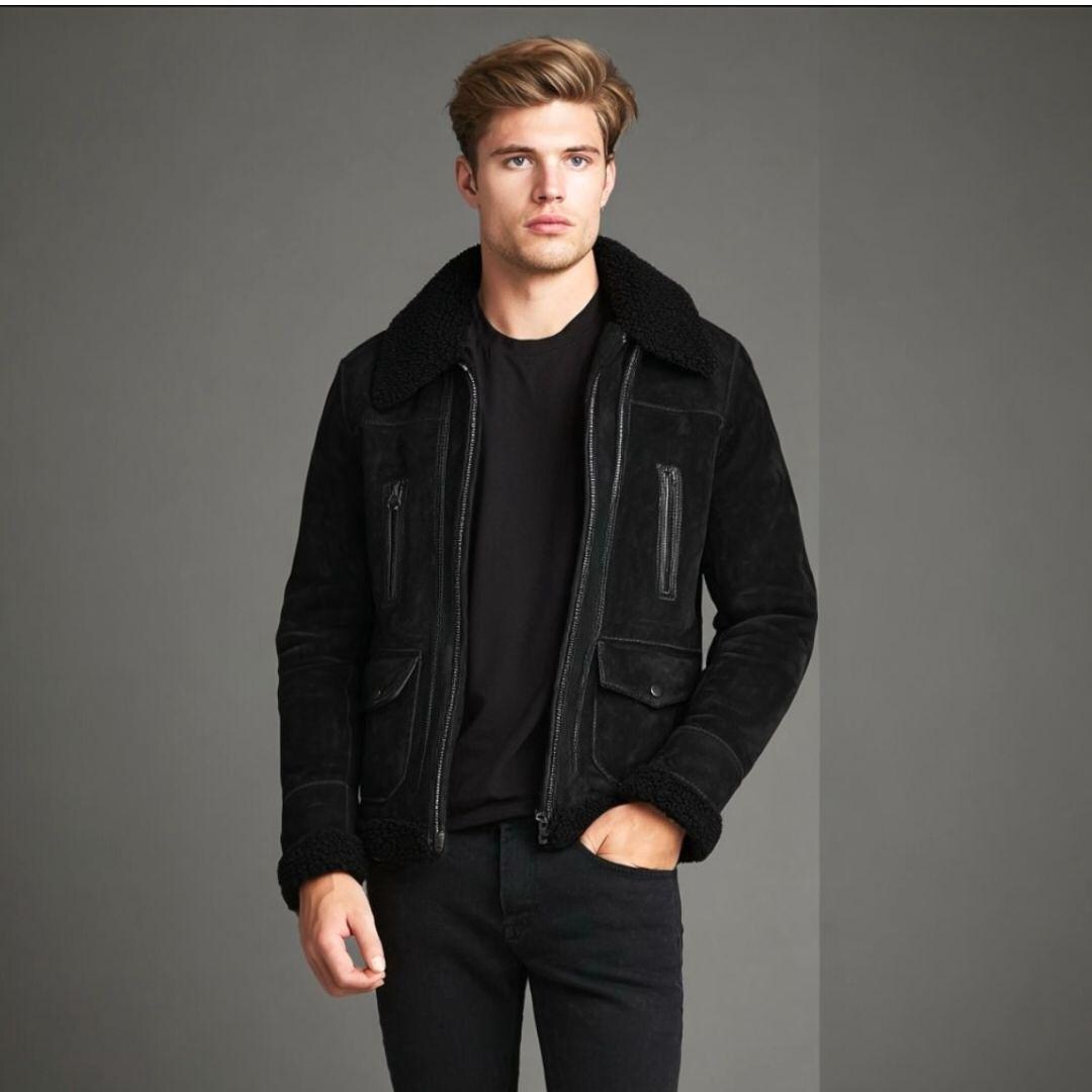 Men’s Black B3 Shearling Jacket | Suede Aviator Bomber Coat | Pilot ...