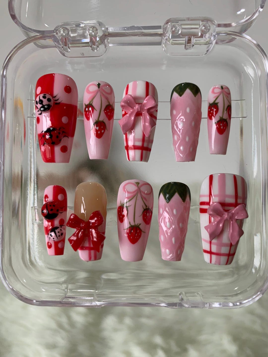 Strawberry Picnic Press on Nails, Cute 3D Strawberry and Bow Nail Art ...