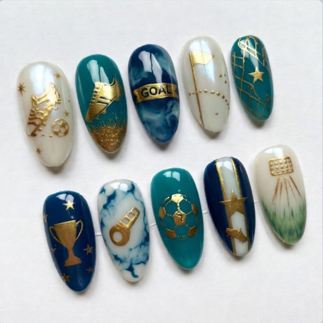 3D Gold Soccer Cleat Press Ons | Navy Blue Marble Fake Nails | Athletic ...