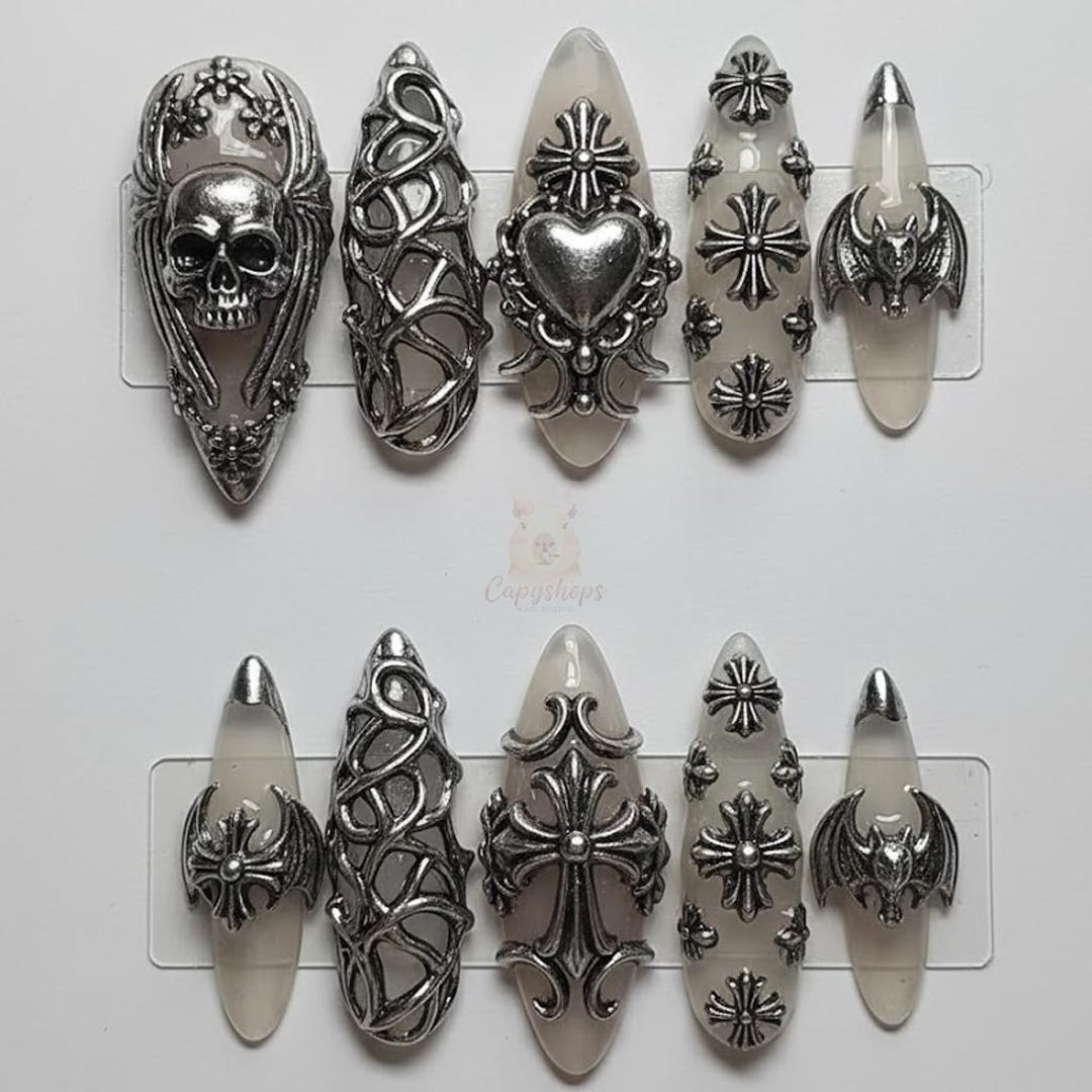 Y2K Silver Chrome Press on Nails, 3D Gothic Cross, Metallic Punk Fake ...
