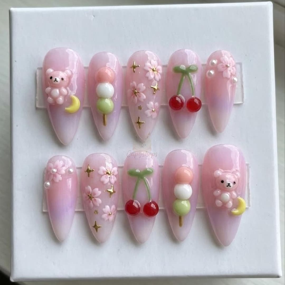 Kawaii Pink Press on Nails | 3D Bear & Cherry Blossom Nail Art ...
