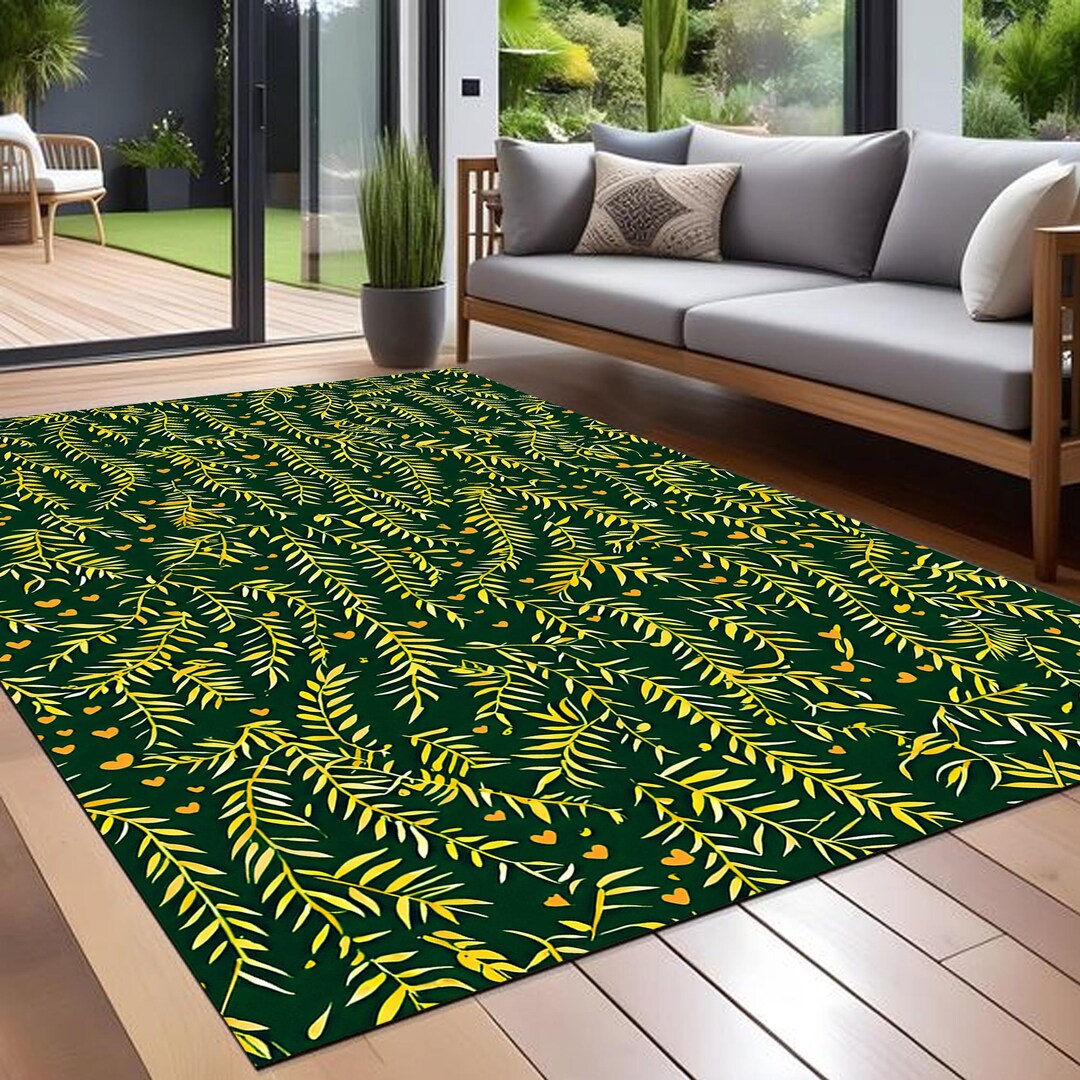 Botanical Area Rug: Green & Yellow Leaves, Modern Indoor/outdoor - Etsy
