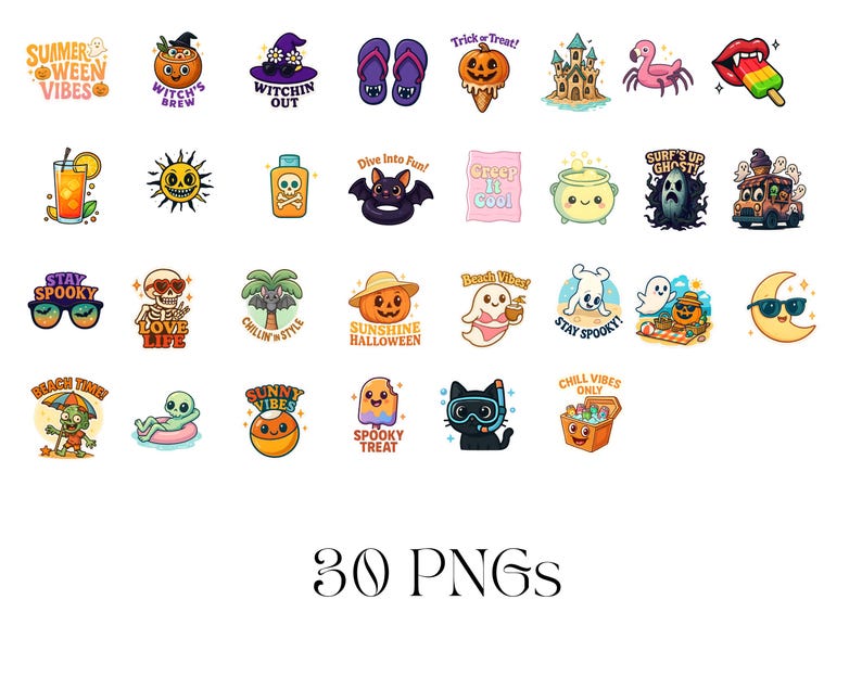 30 Summerween Stickers | Spooky Cute Pngs | Kawaii Halloween Beach ...