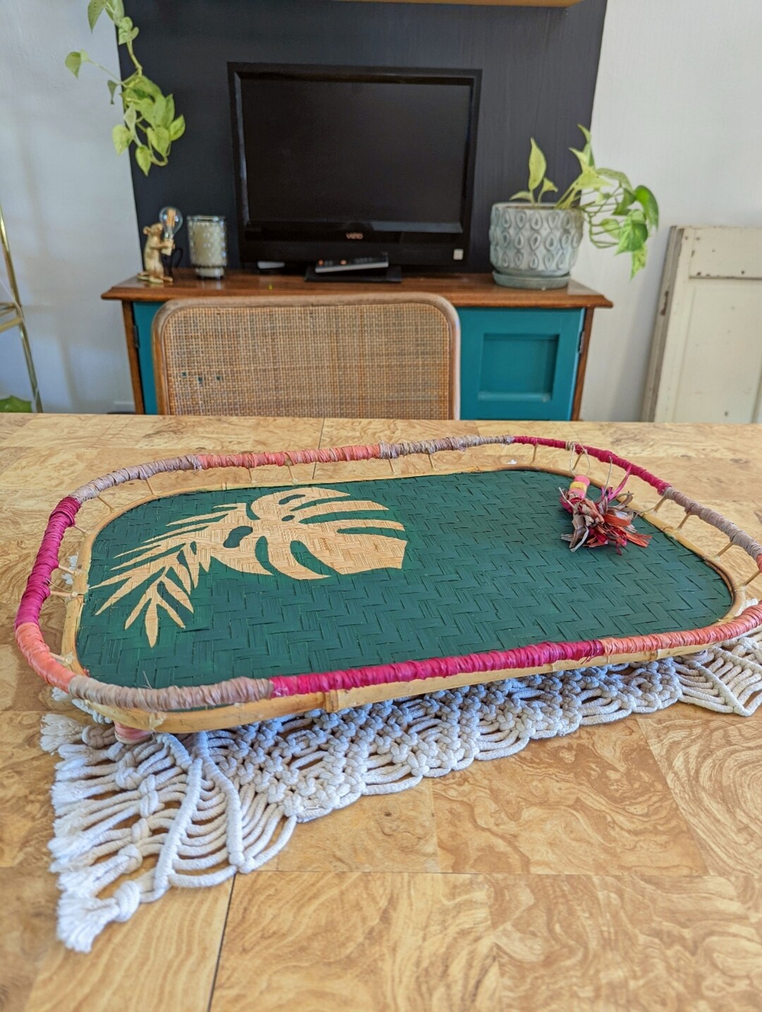 Vintage Rattan Tray Upcycled Tray Hand-painted Monstera Plant Leaf Boho ...