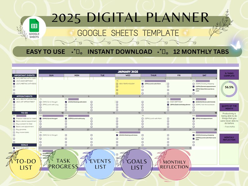 2025 Digital Planner: Google Sheets Calendar, Productivity Template, To ...