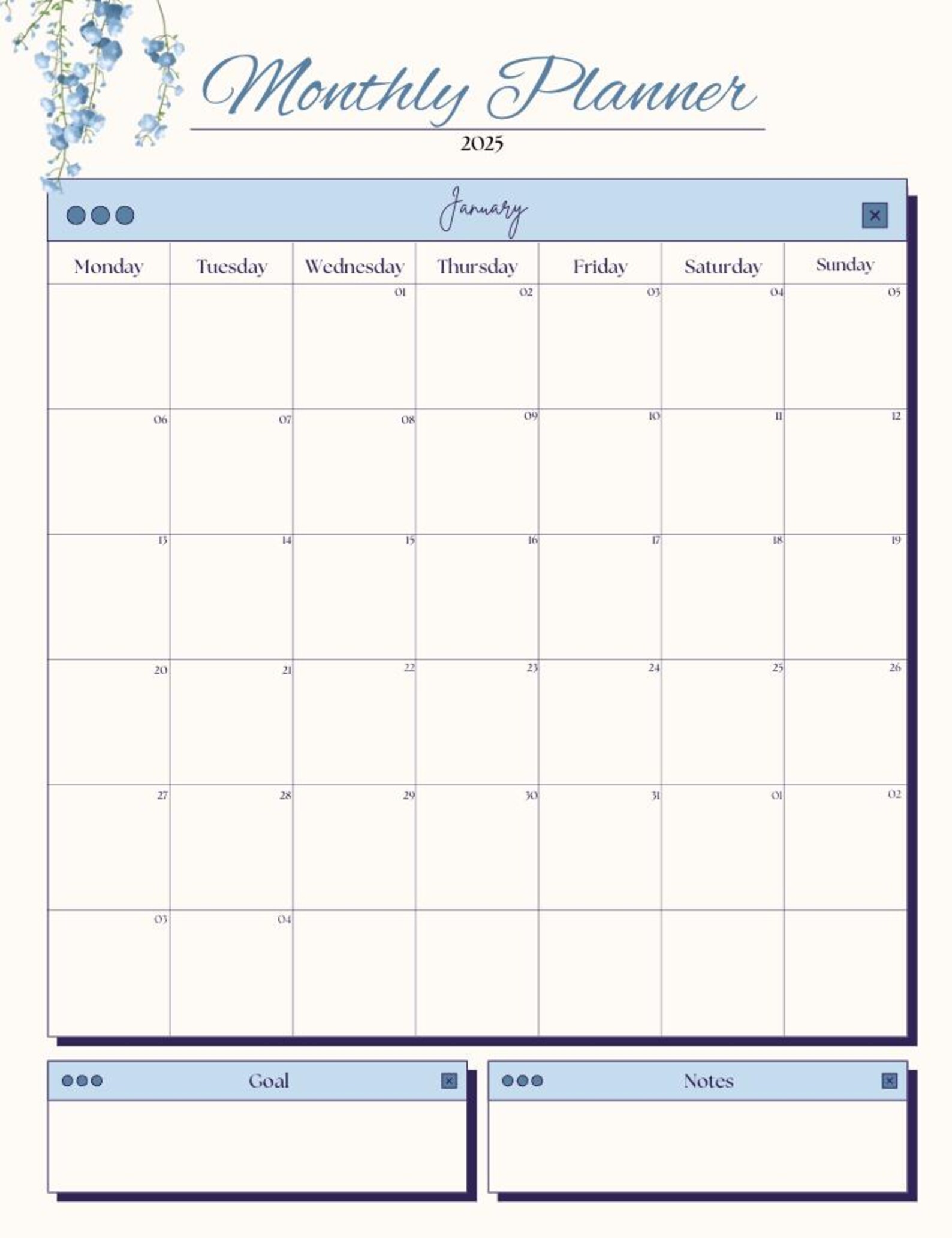2025 Monthly Planner-blue Floral - Etsy