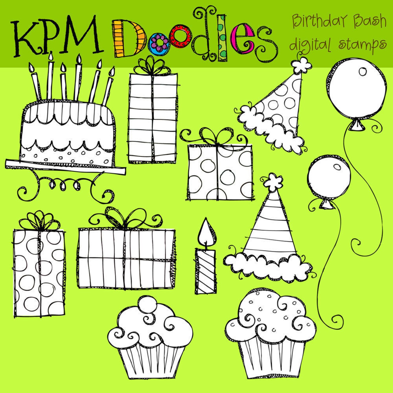 KPM Birthday Digital Clip Art Digital Stamps Black Line - Etsy