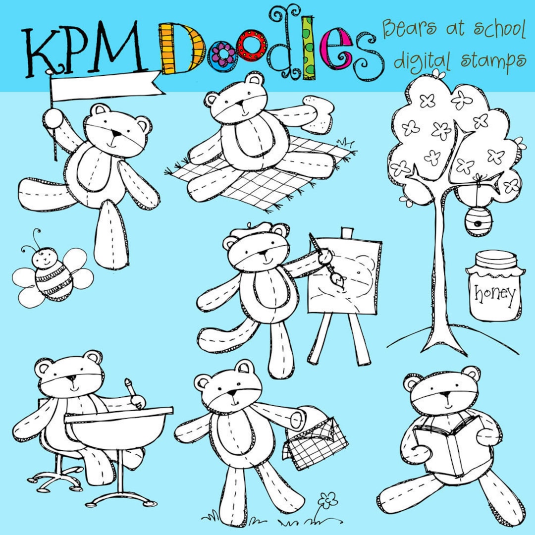 KPM Bears at School Digital Black Line Stamps - Etsy