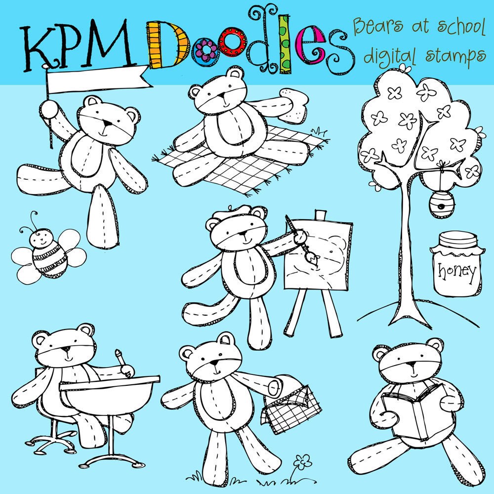 KPM Bears at School Digital Black Line Stamps - Etsy