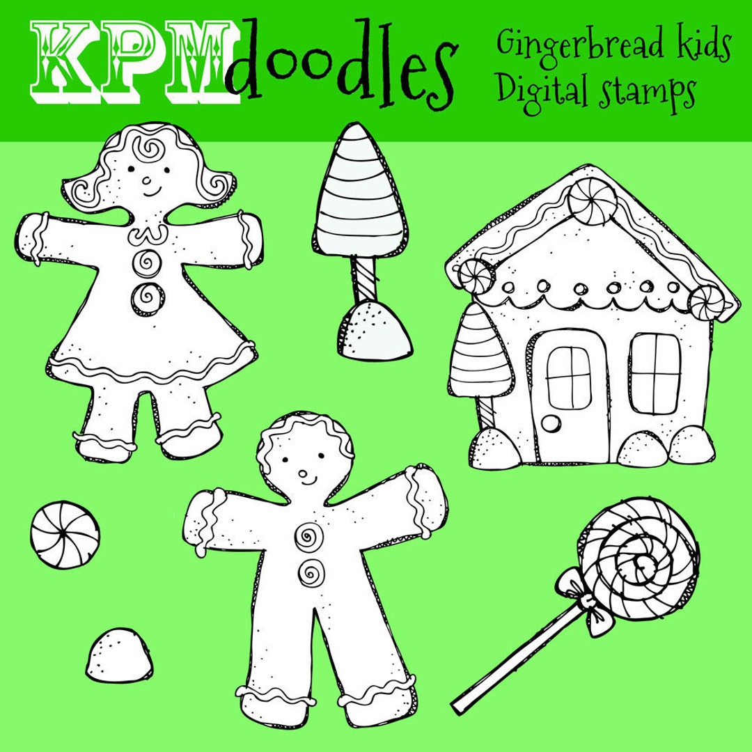 KPM Gingerbread Kids Digital Black Line Stamps - Etsy