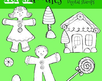 COMBO Gingerbread Kids Digital Clip Art and Black Line Stamps | Etsy