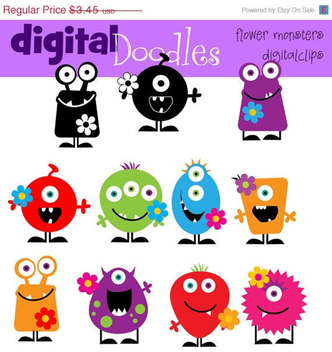 KPM Monsters With Flowers Digital Clip Art - Etsy