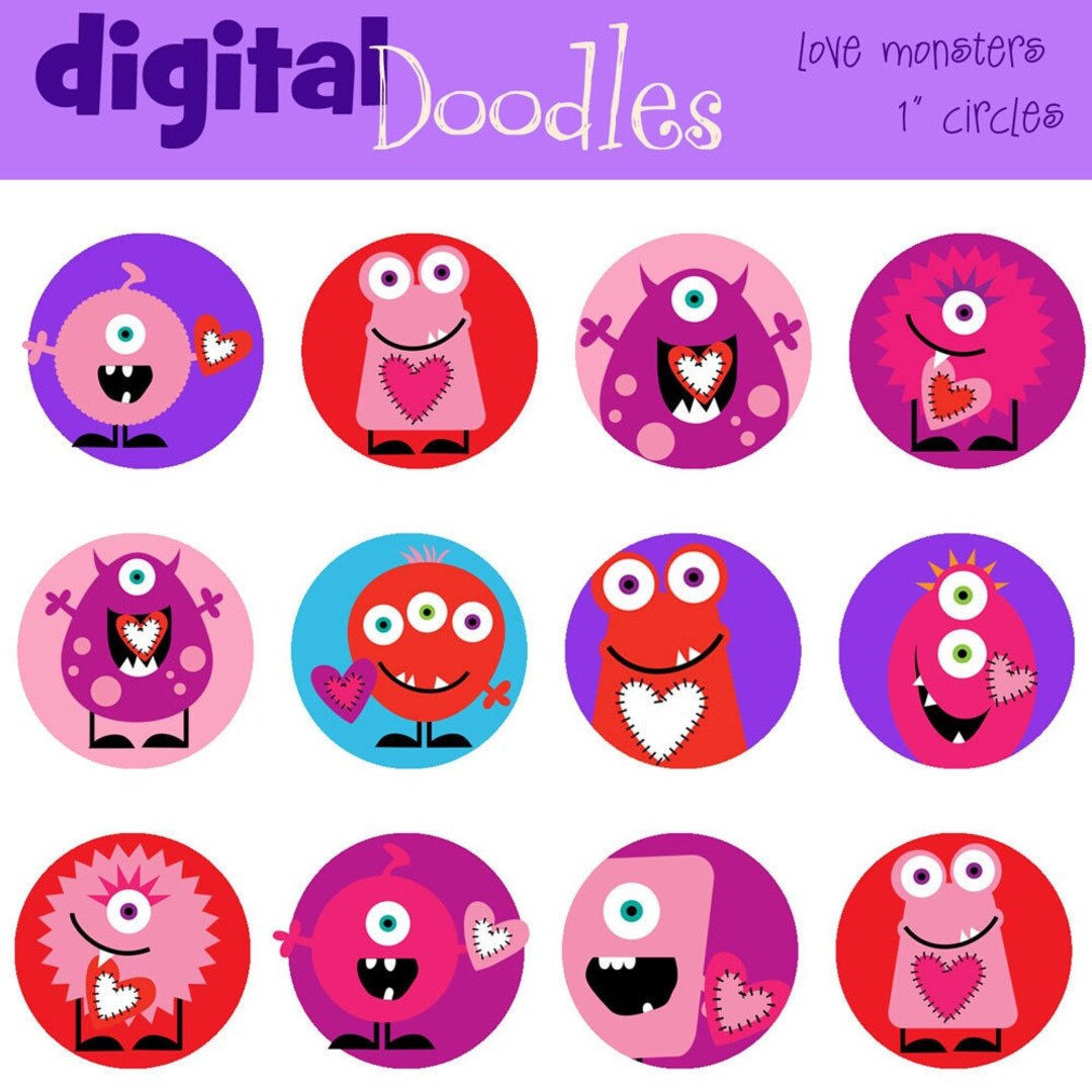 KPM Digital Collage Sheet Love Monsters One Inch Circles - Etsy