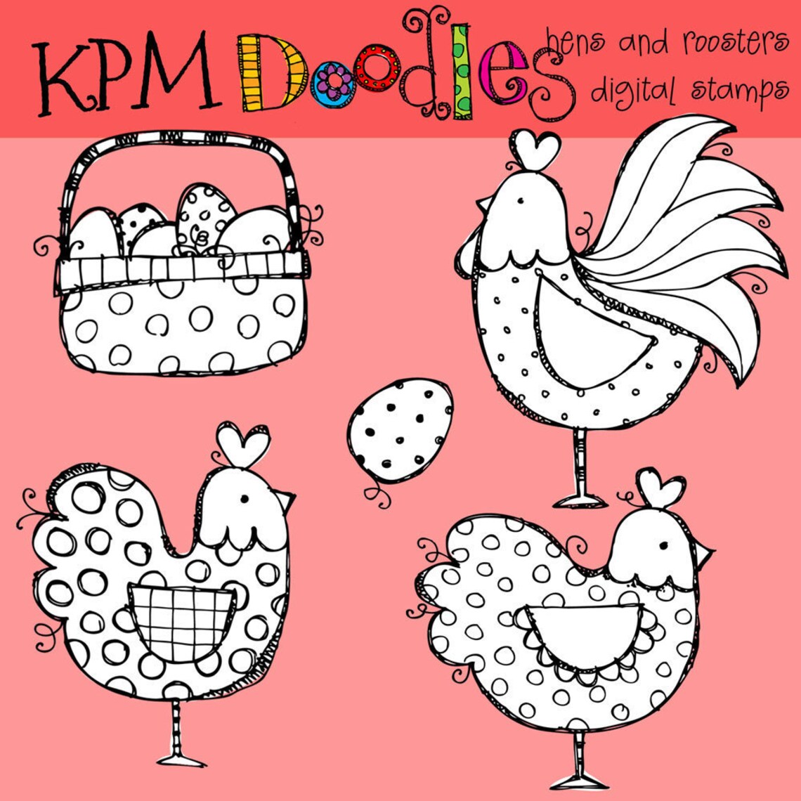 KPM Hens and Roosters Digital Black Line Stamps - Etsy
