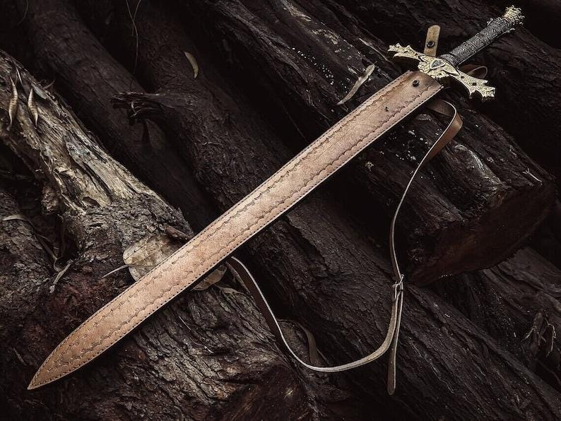 Hand-forged Damascus Steel Sword, Medieval Collector Sword, Leather ...