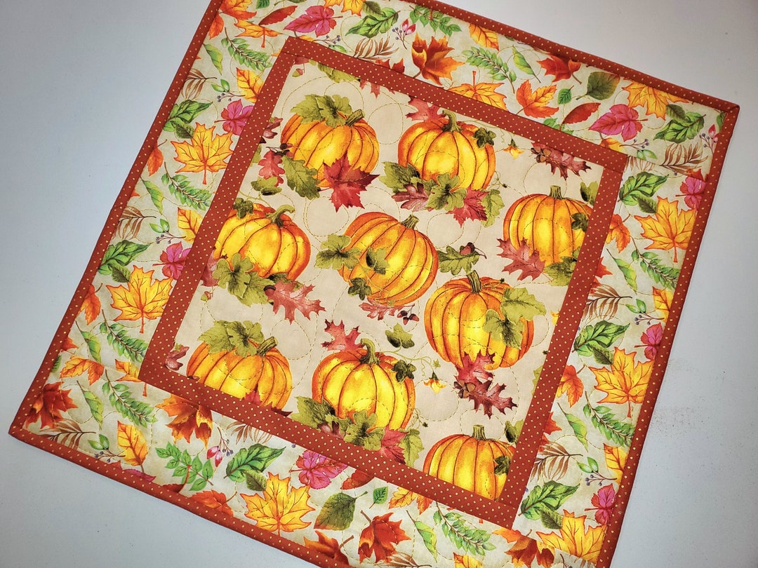 Fall Quilted Table Topper, Pumpkins, Thanksgiving, 17x17, Reversible ...