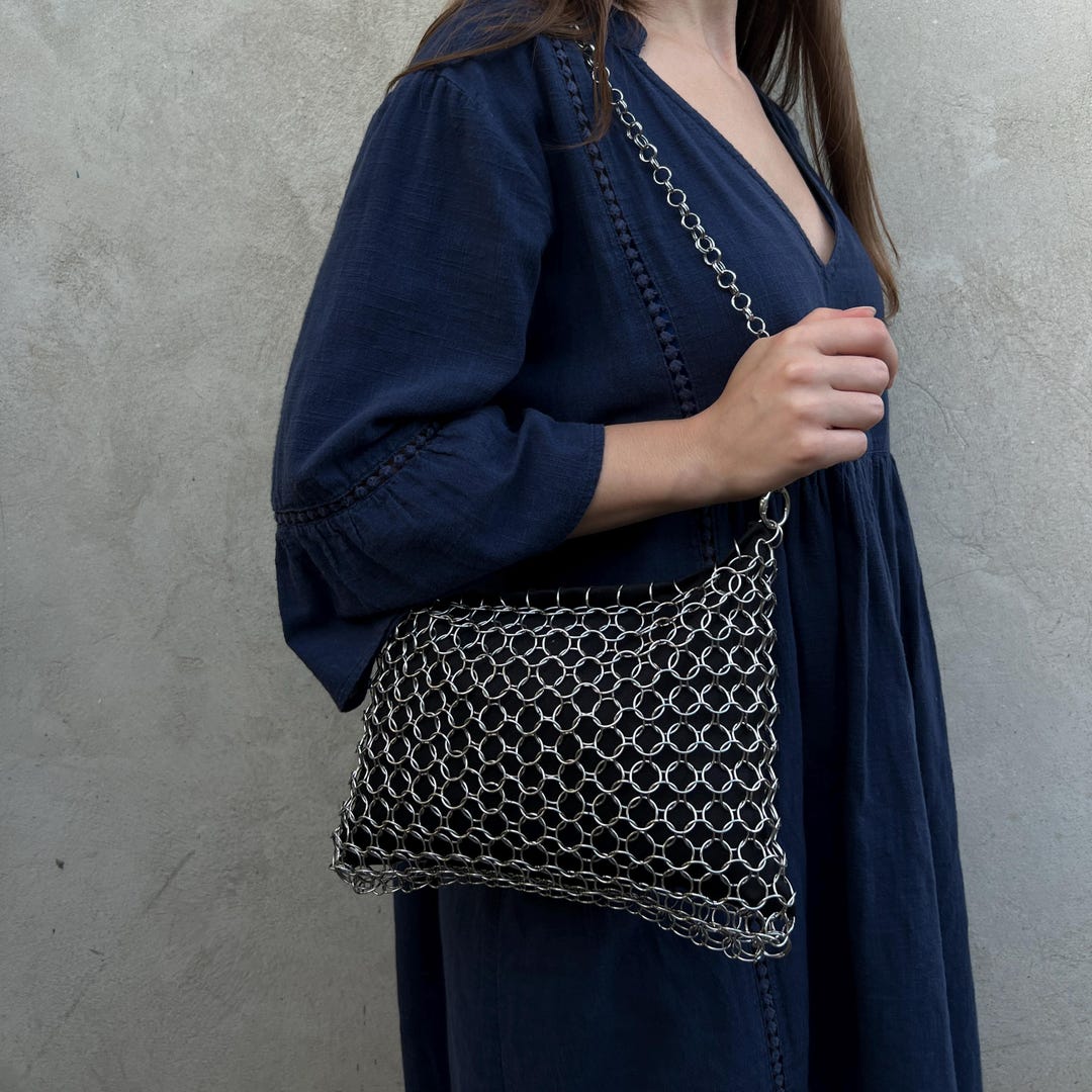 Chainmail Crossbody Bag: Stainless Steel Metal Purse With Denim Lining ...