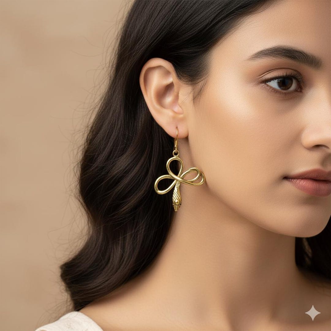Brass Infinity Loop Snake Earrings, Celtic Knot Serpent Dangles, Gold ...