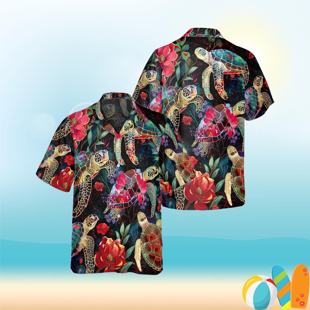Sea Turtle Hawaiian Shirt, Vibrant Floral Ocean Shirt, Beach Aesthetic ...