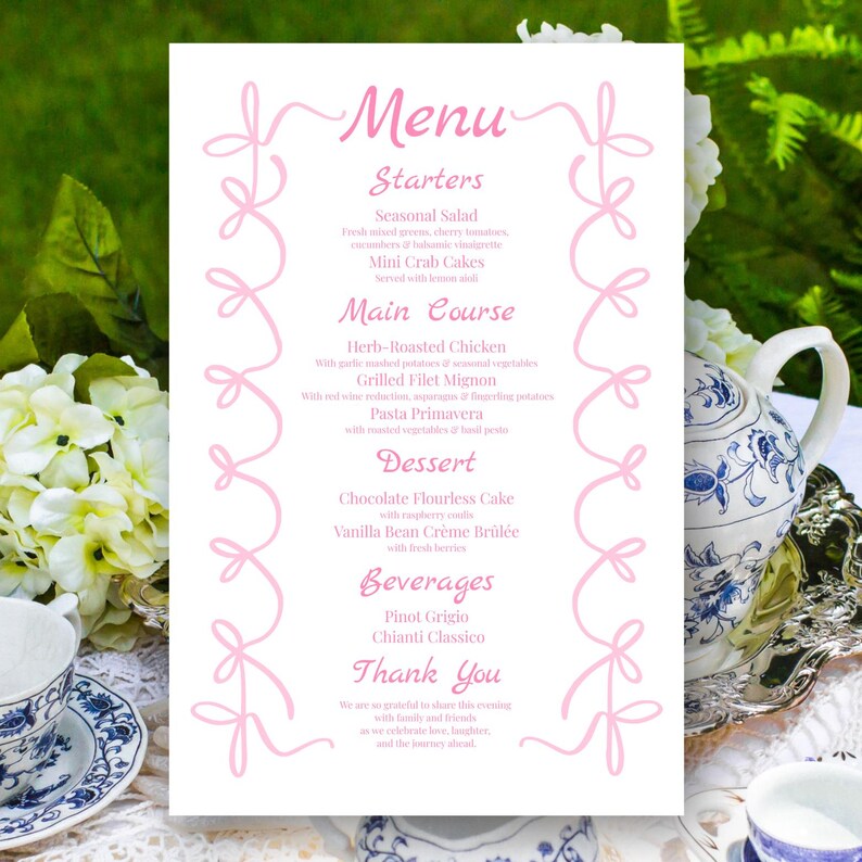 Custom Handwritten Dinner Menu | Whimsical Bows Hand Drawn Rehearsal ...