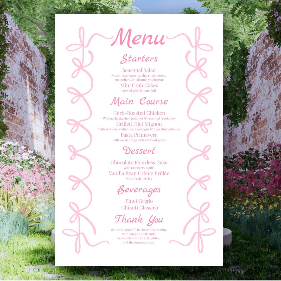 Custom Handwritten Dinner Menu | Whimsical Bows Hand Drawn Rehearsal ...
