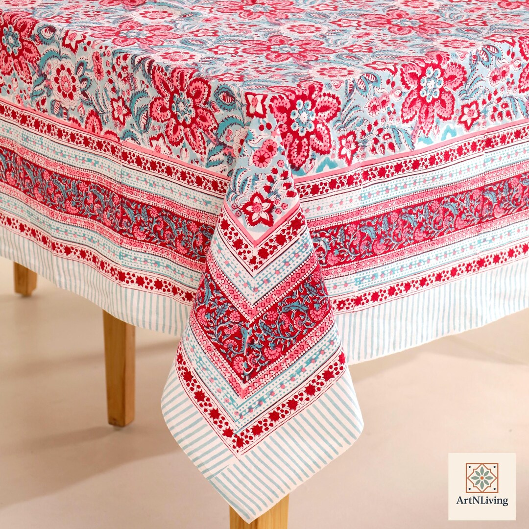 Hand Block Printed Cotton Tablecloth: Floral Indian Table Linen 72 X ...