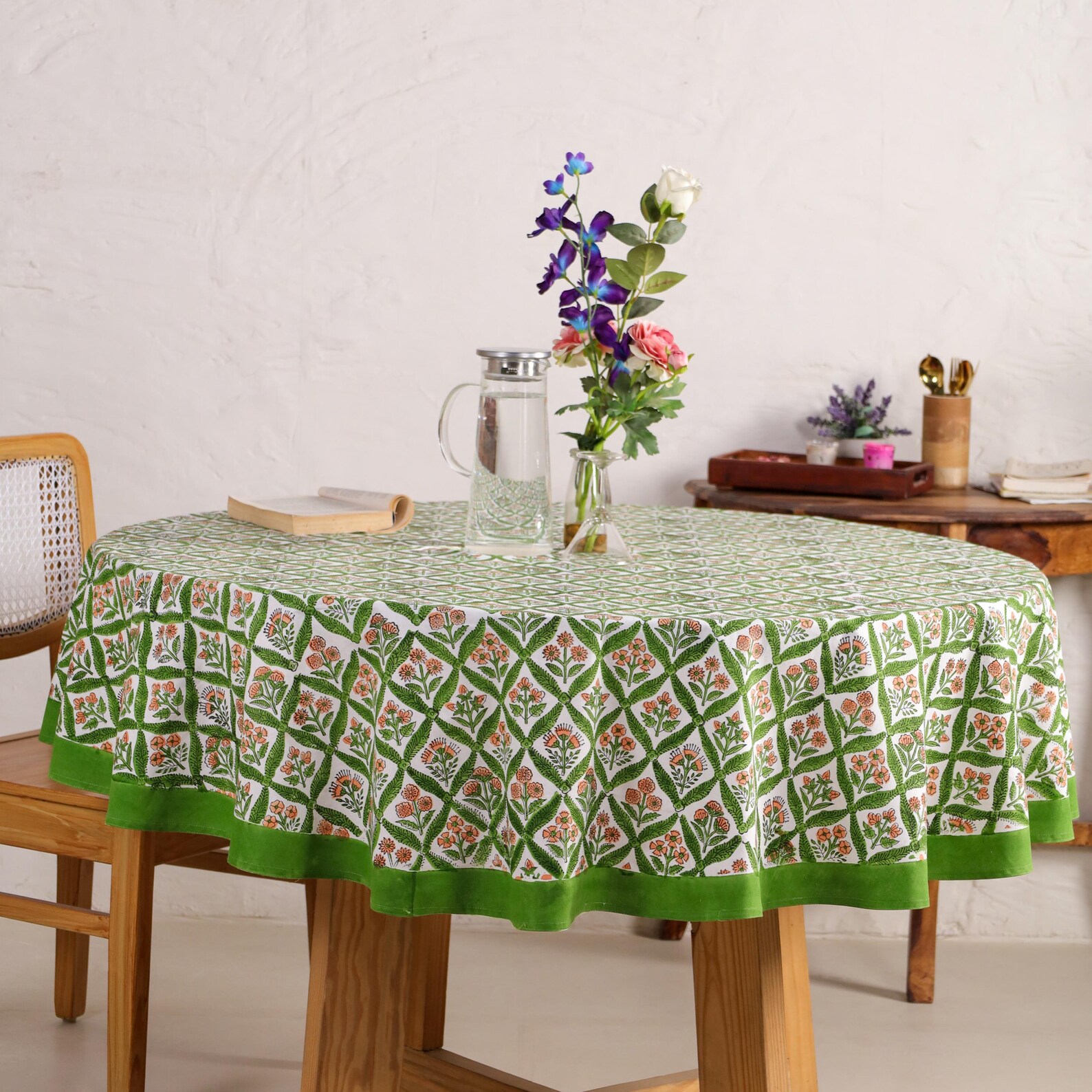 Hand Block Printed Round Tablecloth: Indian Floral Cotton Table Linen ...