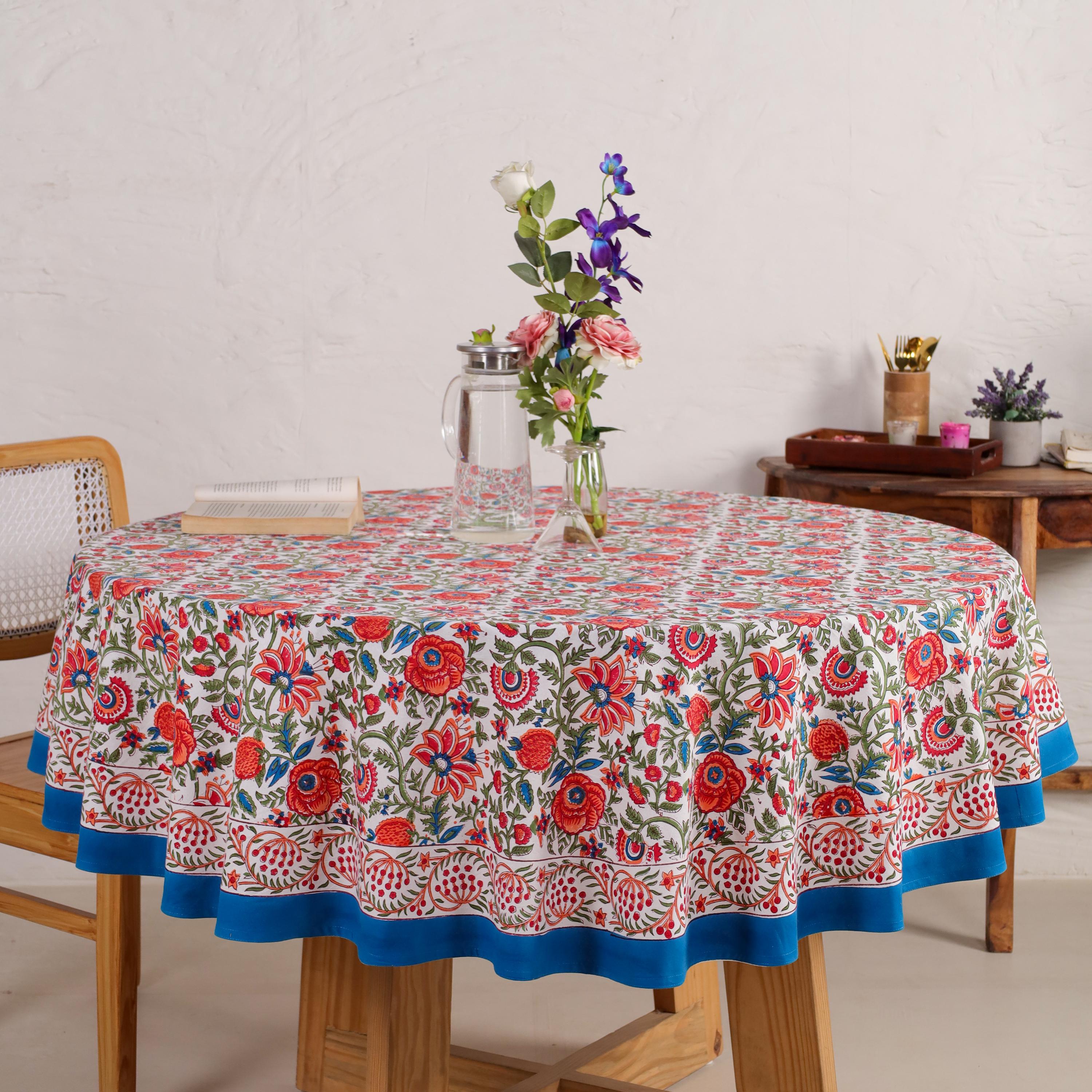 Hand Block Printed Round Tablecloth: Indian Floral Cotton Table Linen ...