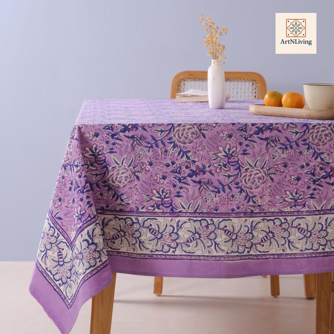 Hand Block Printed Cotton Tablecloth: Purple Floral Boho Table Linen ...