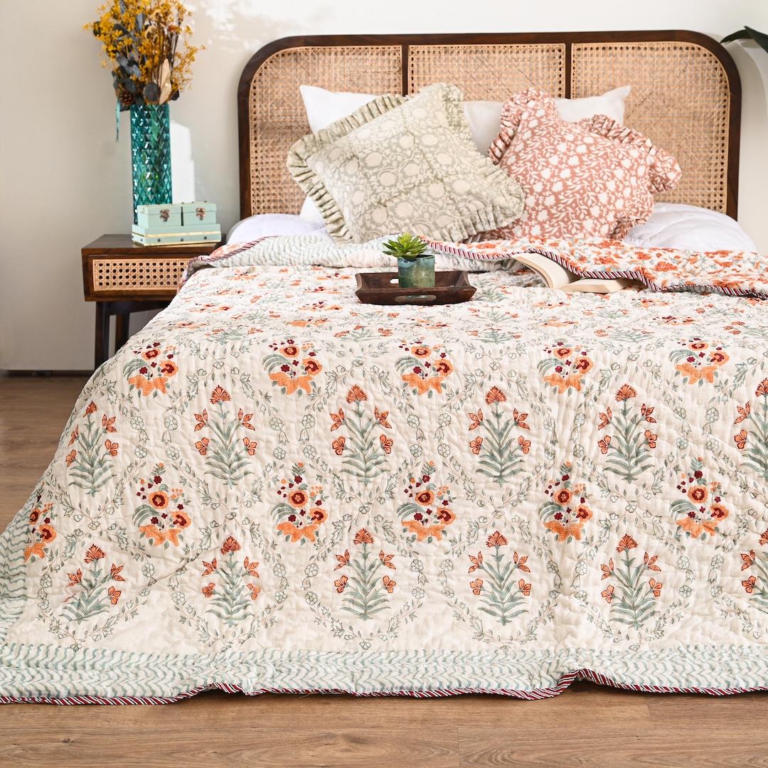Floral Boho Hand Block Printed Quilted Cotton Comforter Bed Cover King ...