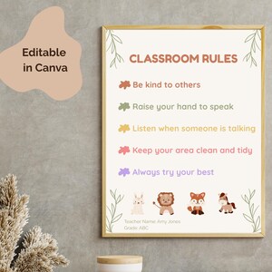 Editable Classroom Rules Poster – Boho Animal Theme – US Letter Canva Template – Printable ...