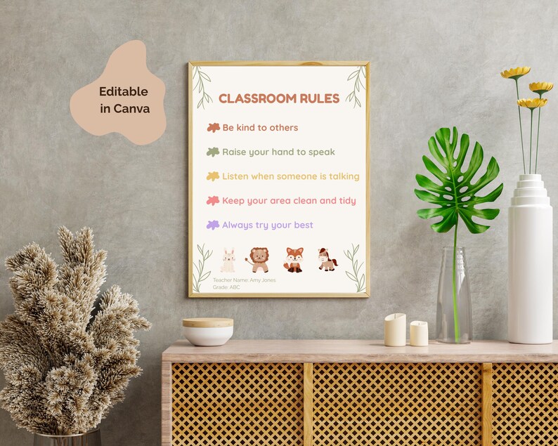 Editable Classroom Rules Poster – Boho Animal Theme – US Letter Canva ...