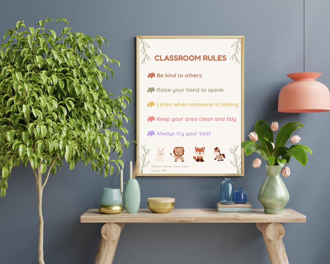 Editable Classroom Rules Poster – Boho Animal Theme – US Letter Canva ...