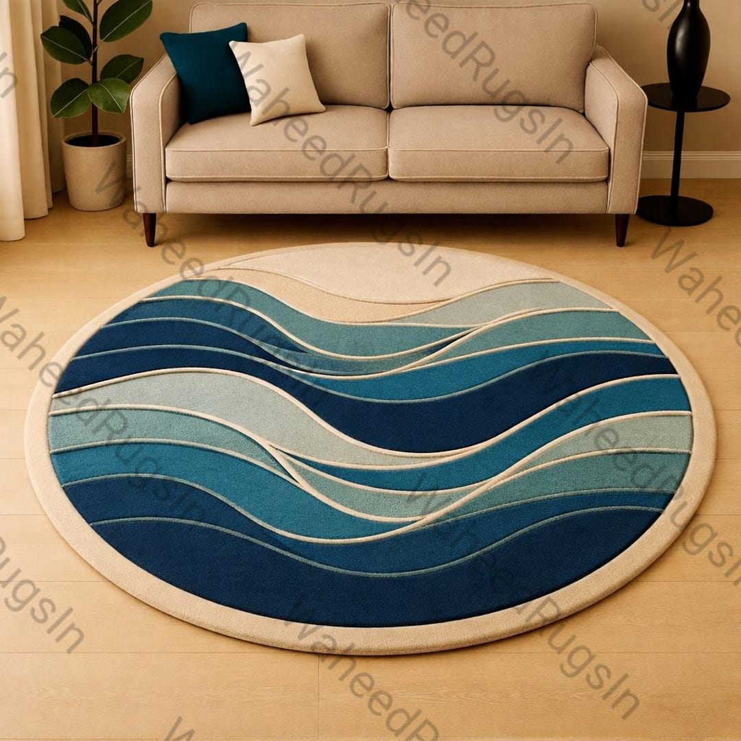 Modern Oval Area Rug, Blue Wave Pattern Rug, Hand Tufted Carpet ...