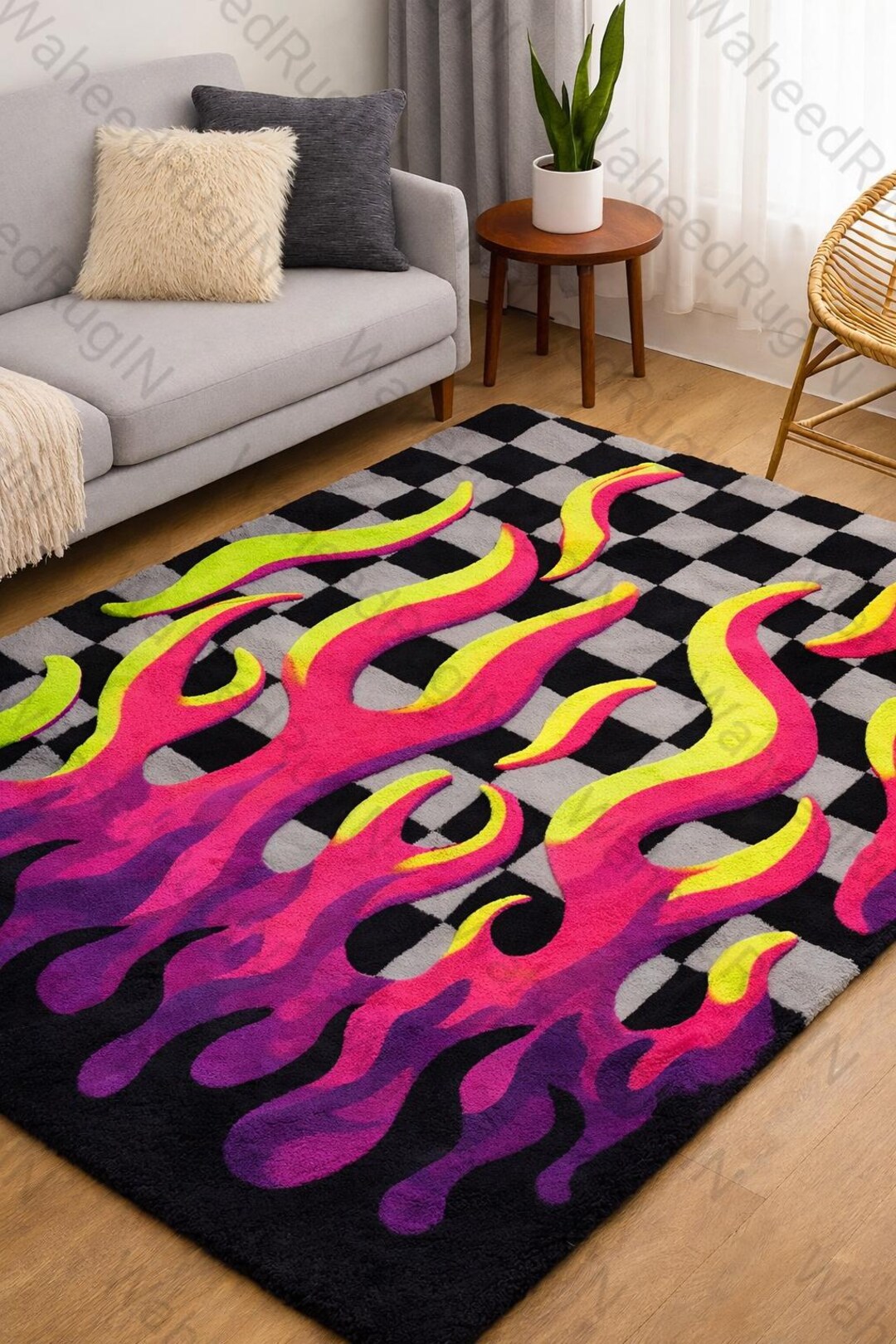 Neon Flame Tufted Rug, Y2K Checkerboard Area Rug, Pink Purple Fire ...