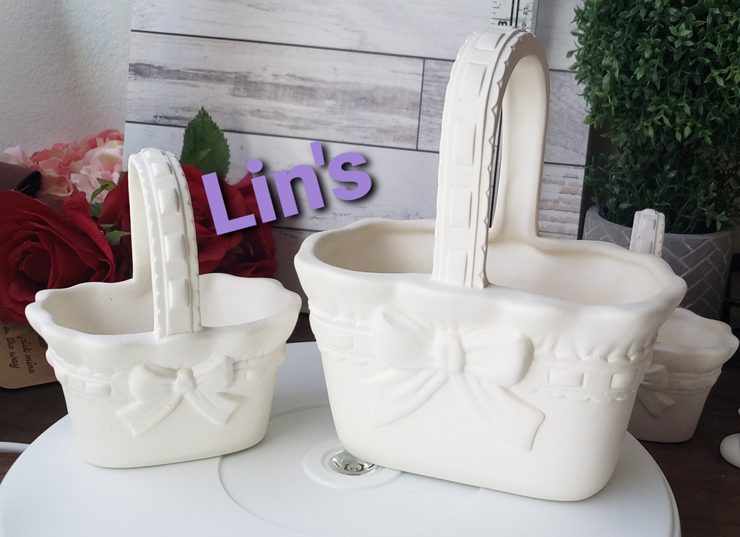 Bisque - Handmade - Basket With Handle - Ribbon With Ribbonw Bow 2 ...
