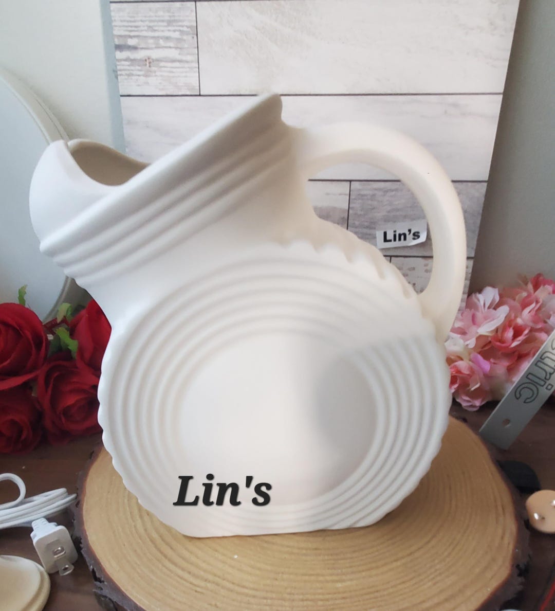 Bisque Tall Pitcher Round Lines on Front and Back Great Ready to Paint ...