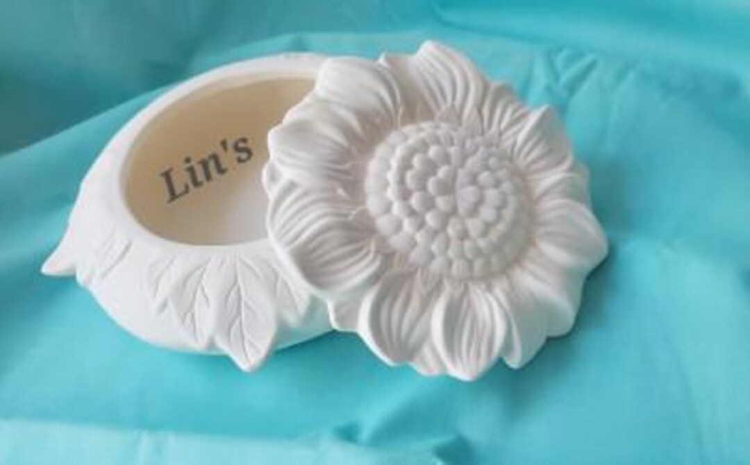 Bisque -larger Sunflower Box With Larger Flower Top and Leaves on the ...