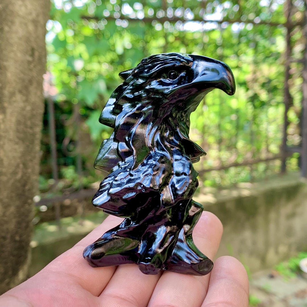 3.1" Natural Obsidian Eagle Head Figurine, Handcrafted Eagle Sculpture ...