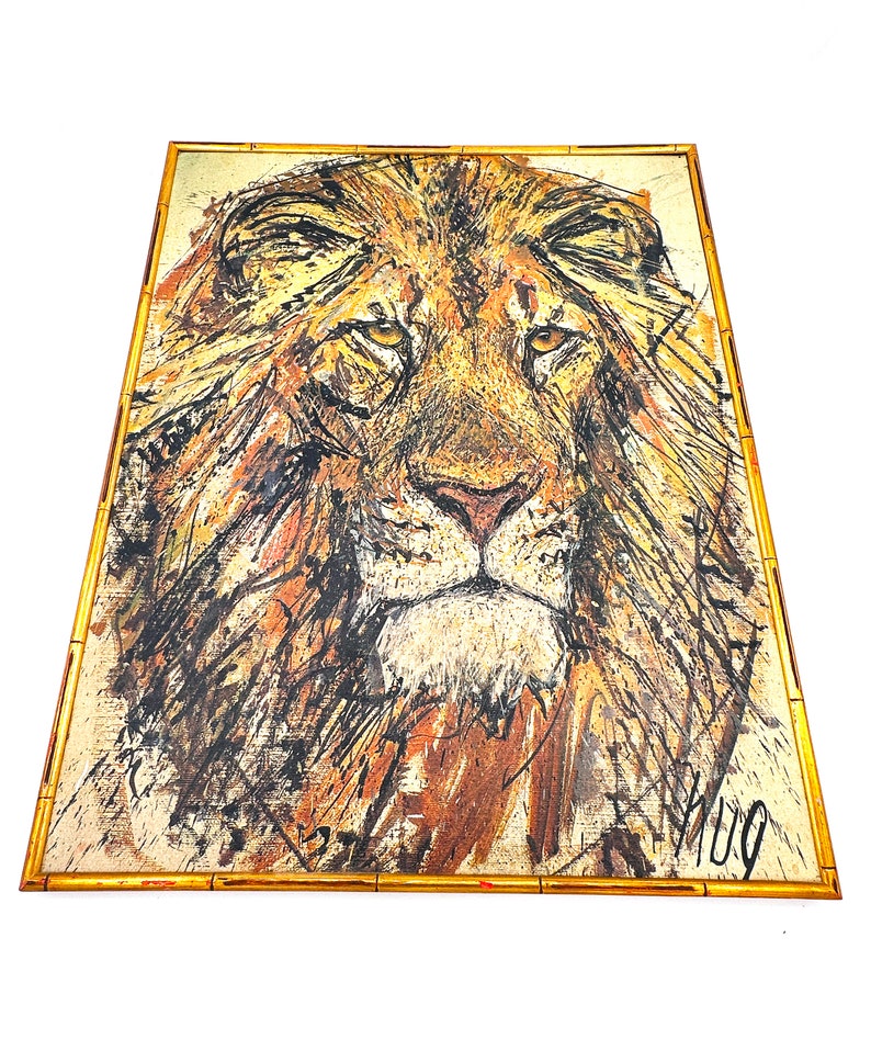 Vintage Mid Century Modern Lion Portrait Painting by Fritz Rudolf Hug ...