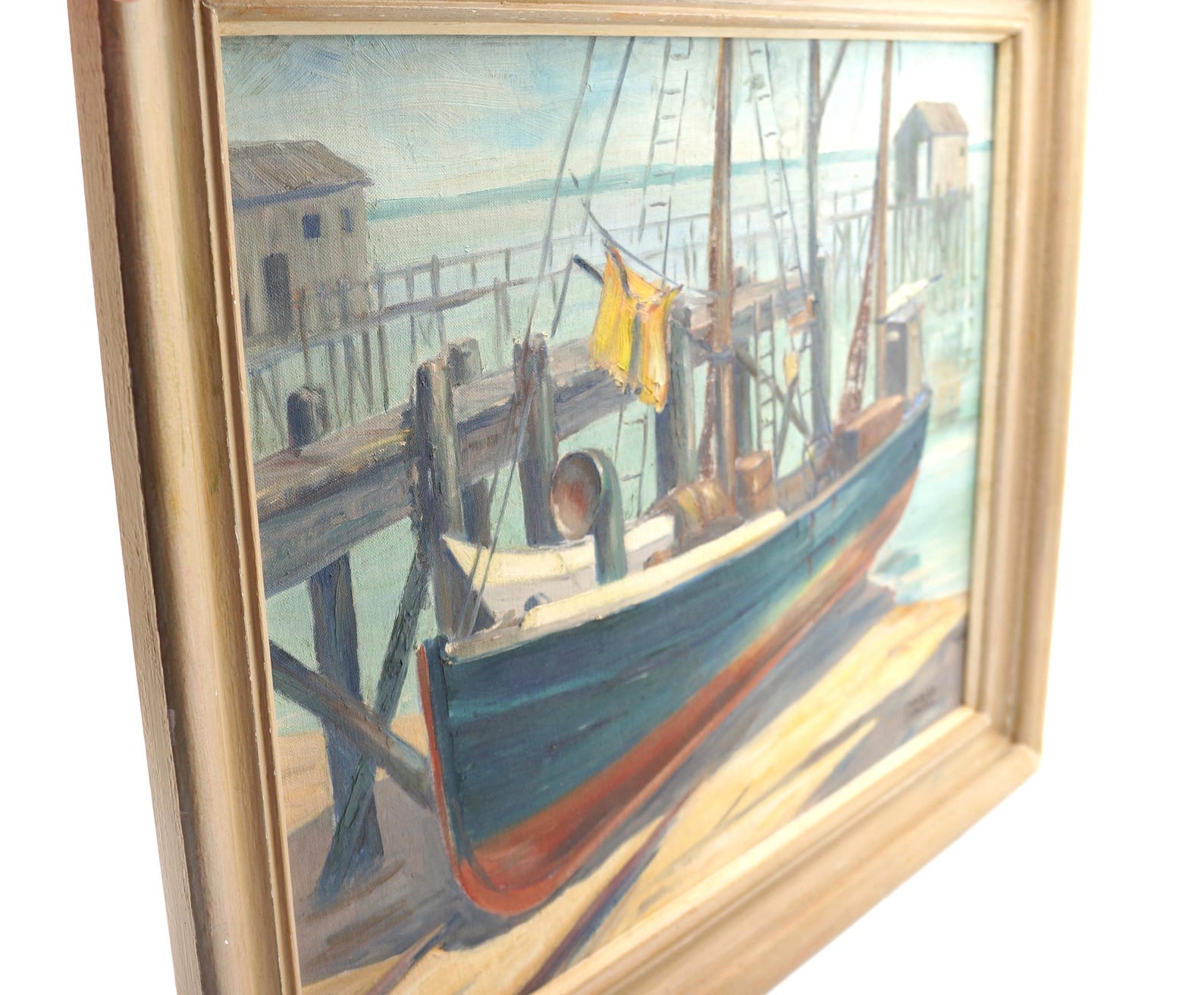 Vintage Charles Councell Coastal Dockside Scene Framed Fishing Boat Oil ...