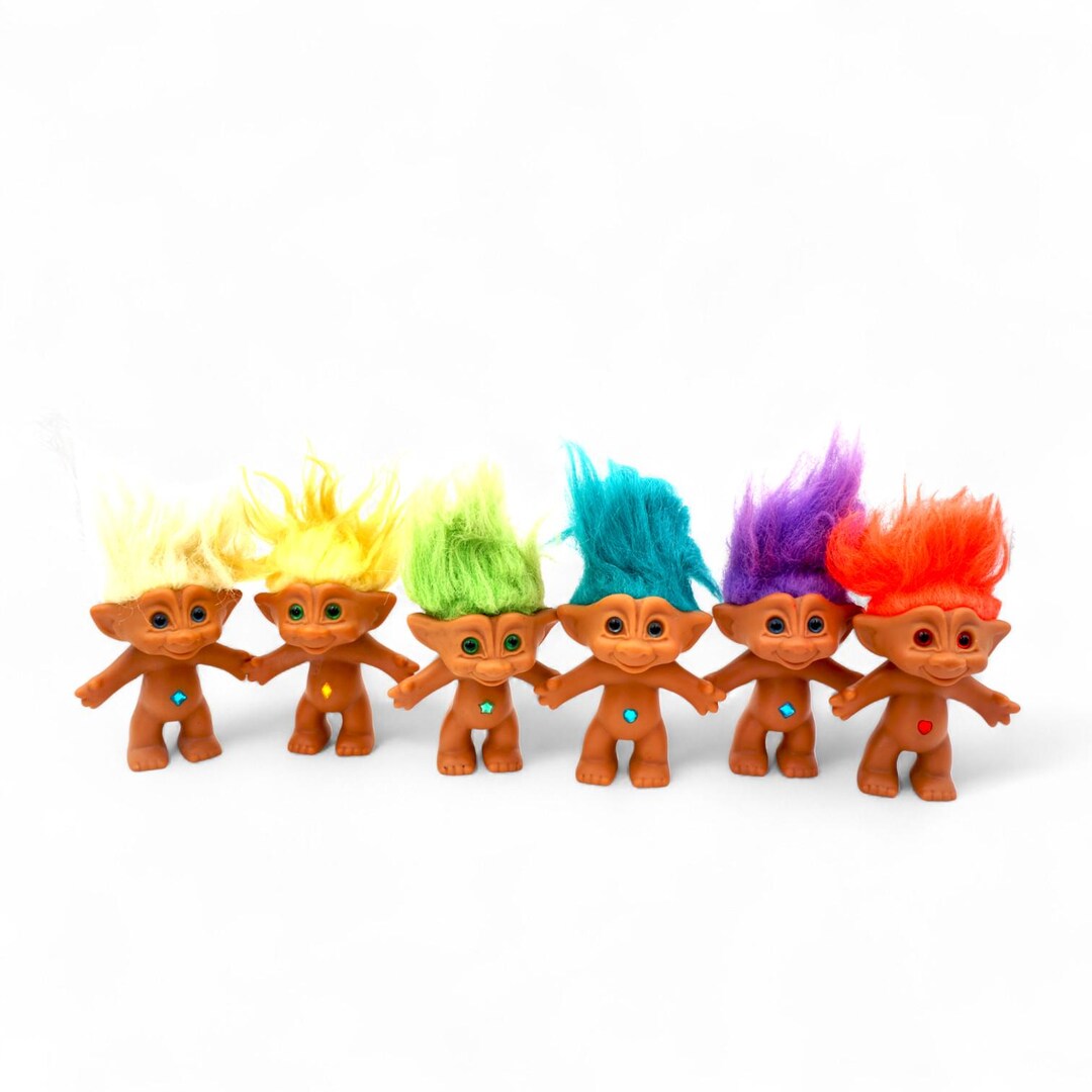 Vintage 4" Gem Belly Troll Doll Lot – Set of 6 Colorful Hair Trolls ...