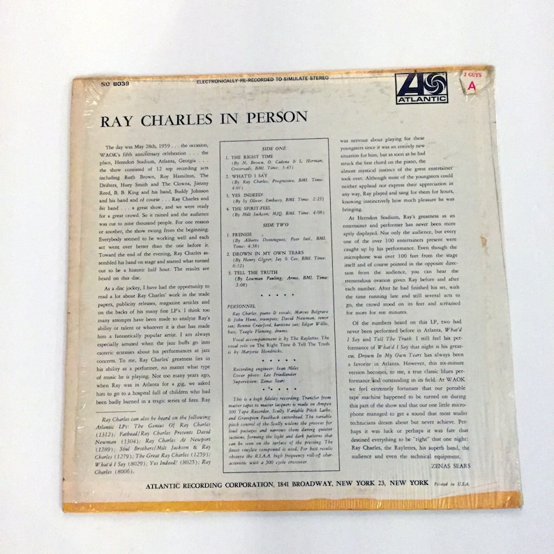 Vintage Ray Charles in Person LP Record Album Vinyl 1960 LP | Etsy