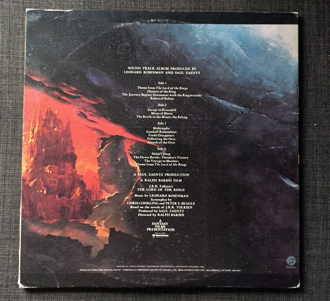 Vintage Lord of the Rings Original Movie Soundtrack 1978 Vinyl Record ...