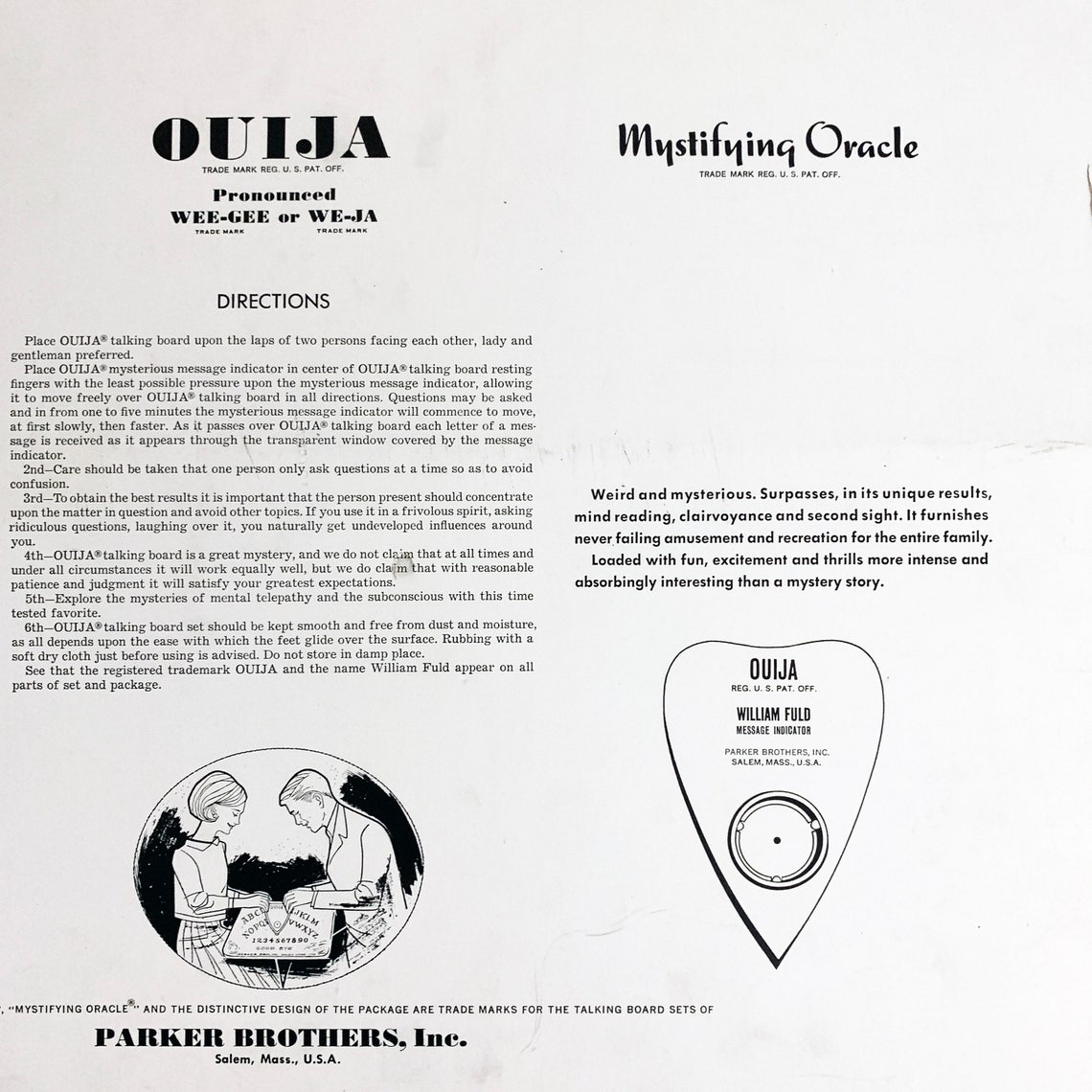 Vintage 1950s Ouija Board William Fuld Salem Mass With Planchette Weegy ...