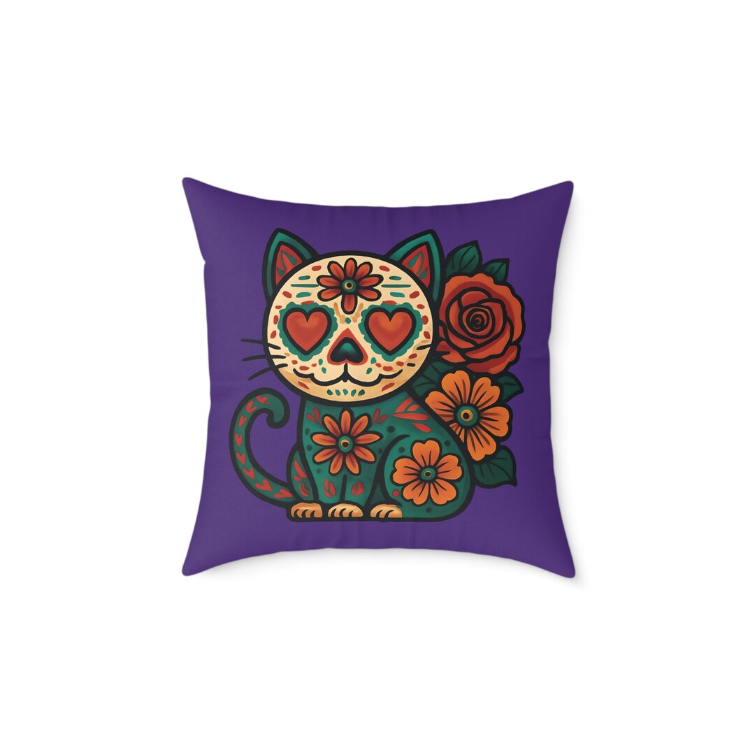Colorful Cat Skull Pillow, Day of the Dead Decor, Throw Pillow, Cat ...