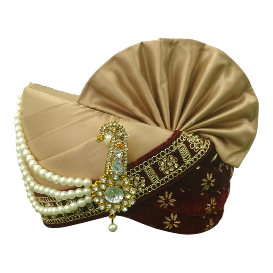 Beige & Maroon Wedding Groom Turban | Handmade Indian Safa Pagdi With ...