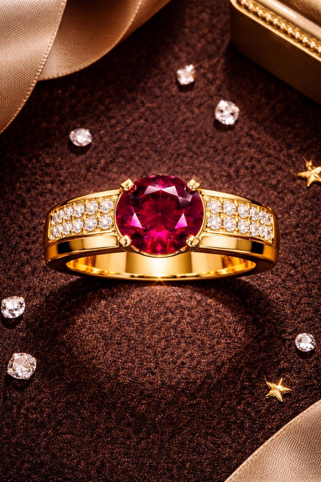 18K Gold Ruby Ring, 10mm Round Cut, Moissanite Accent Band, July ...
